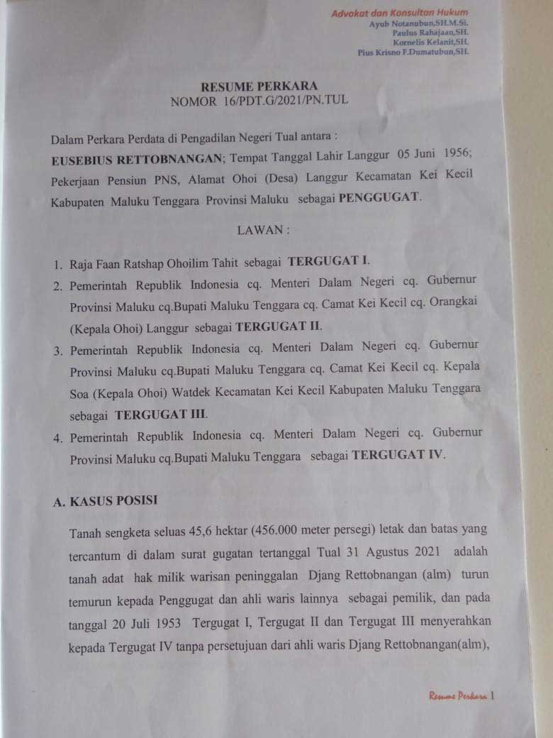 Sengketa Tanah Pemkab Malra, Penggugat Tuntut Ganti Rugi 211, 5 M ...